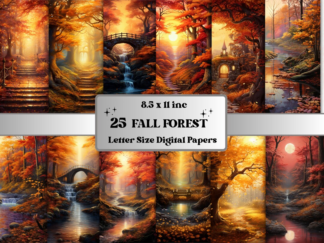 Printable Fall Forest Digital Paper, Enchanted Autumn Forest Background ...