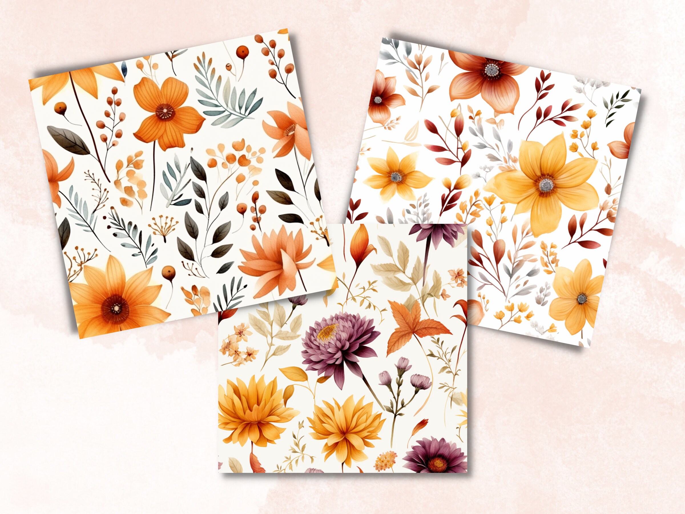 Seamless Watercolor Fall Flowers Digital Paper Pack, Autumn Leaves ...