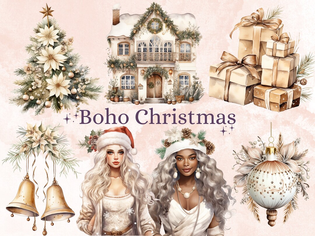 45 PNG Watercolour Boho Christmas Bundle Clipart, Cozy Rustic Christmas ...