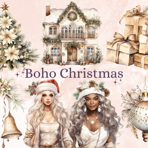 45 PNG Watercolour Boho Christmas Bundle Clipart, Cozy Rustic Christmas ...
