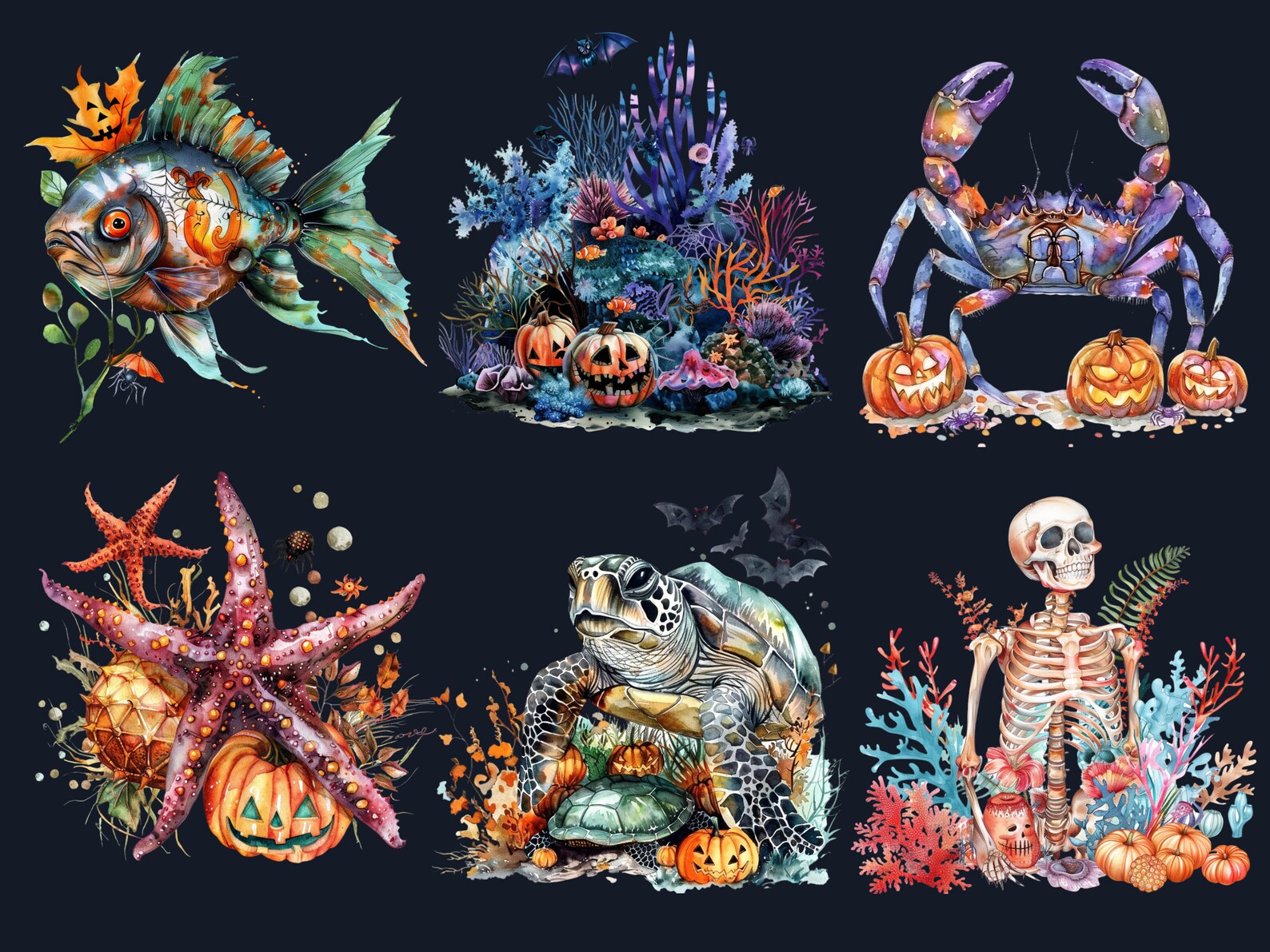 40 PNG Watercolor Underwater Halloween Clipart, Fantasy Halloween ...