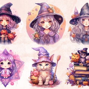 40 PNG Watercolor Kawaii Witch Clipart, Cute Witchcraft Clip Art, Witch ...