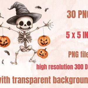 30 PNG Watercolor Cute Halloween Skeleton Clipart, Cute Creepy ...