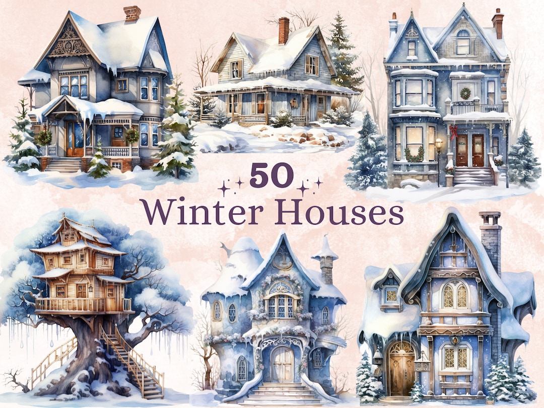 50 PNG Watercolor Winter Houses Clipart, Cozy Winter Fairy House ...