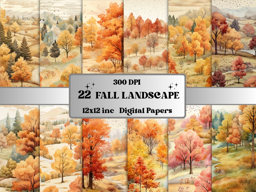 Printable Watercolor Fall Landscape Paper, Cozy Autumn Ephemera, Fall ...