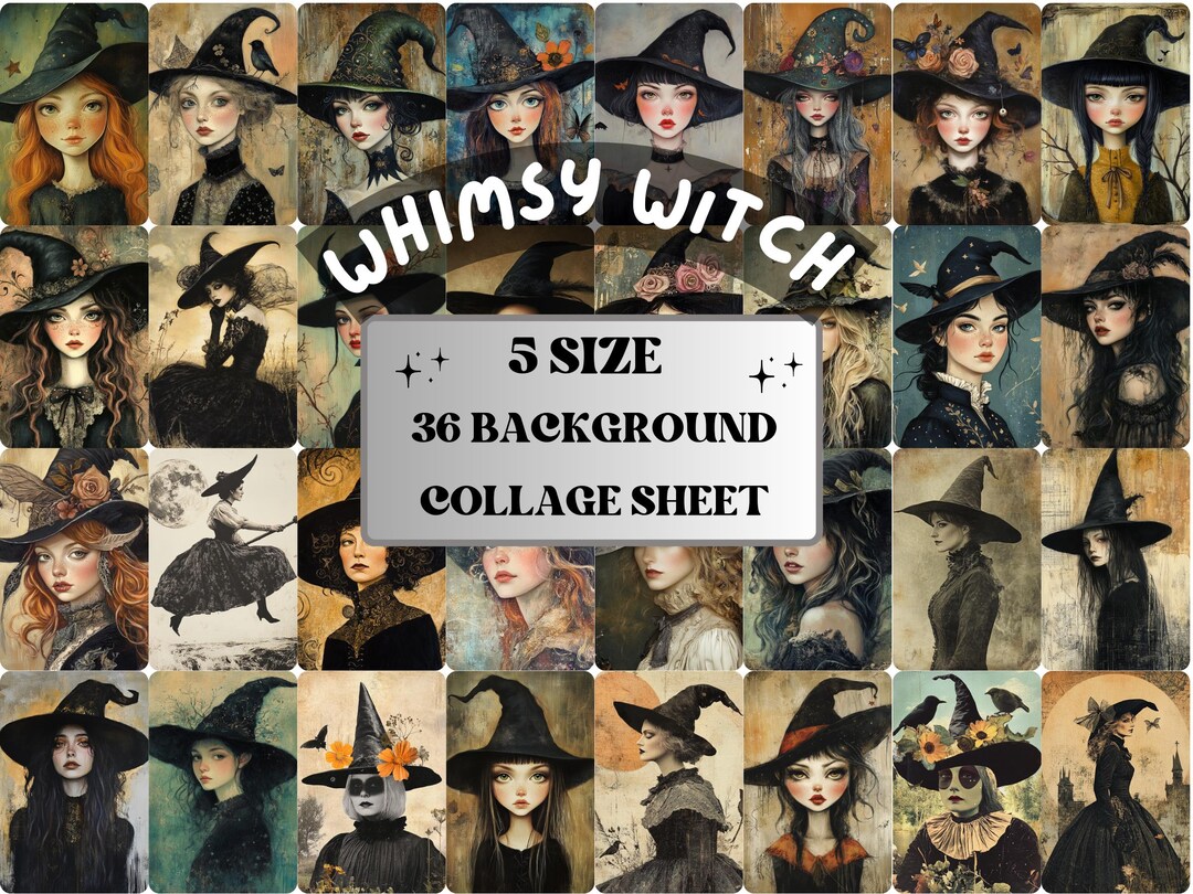 Whimsy Witch Collage Paper Kit, Surreal Gothic Mixed Media Sheet ...