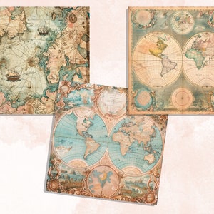 Pastel Old Maps Textures Digital Paper, Antique Map Junk Journal Pages ...