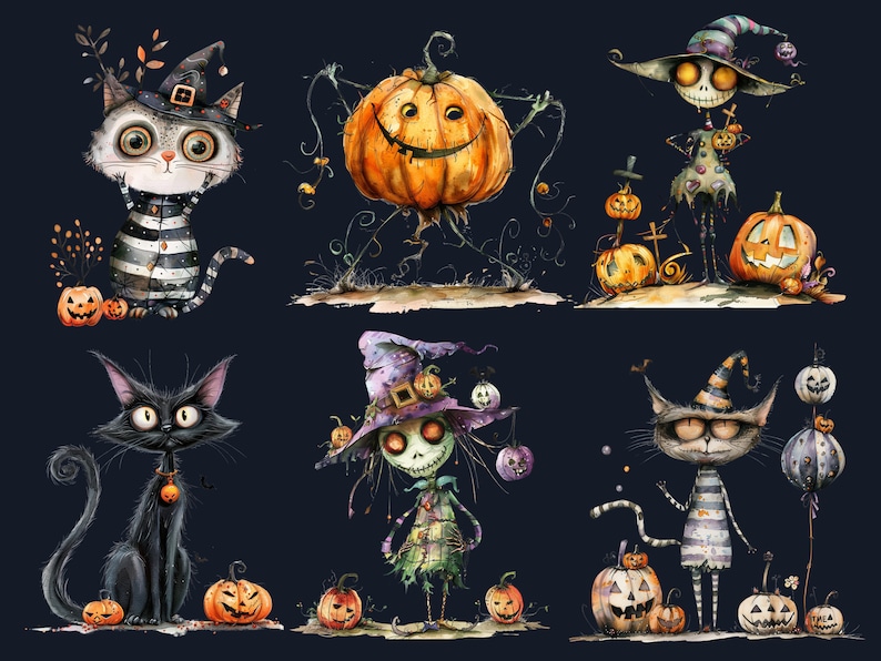 50 PNG Watercolor Quirky Halloween Bundle Clipart, Whimsical Halloween ...