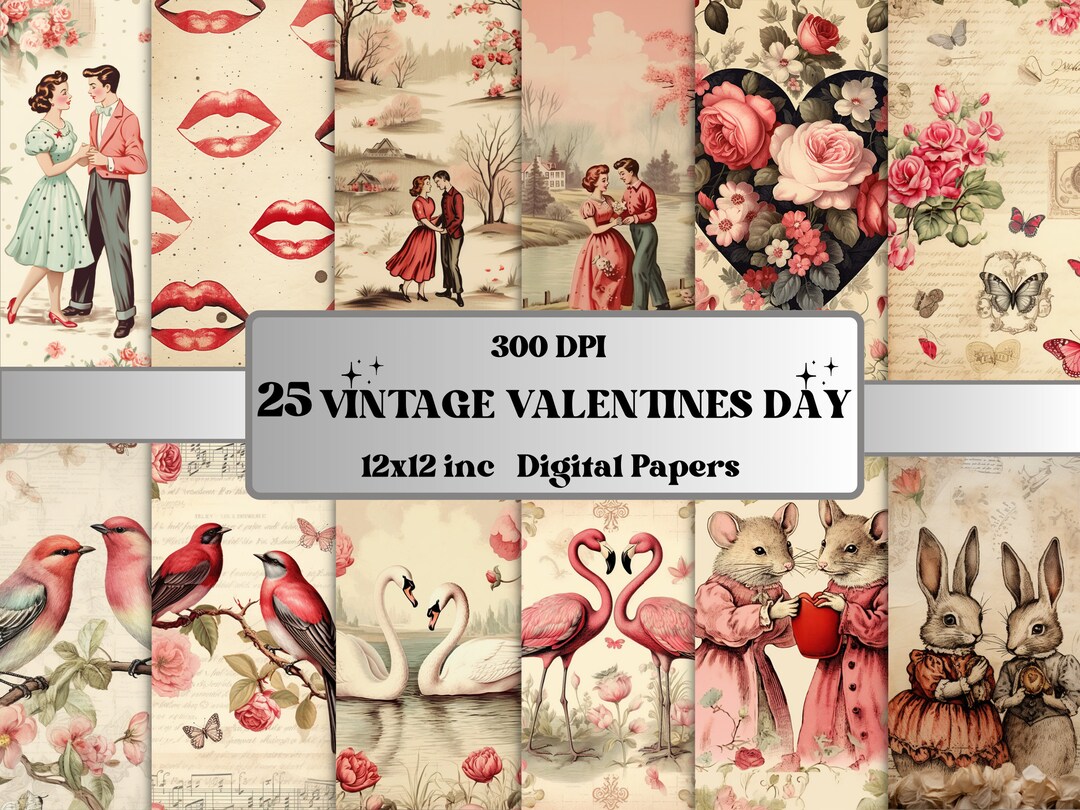 Printable Vintage Valentine's Day Digital Paper, Romantic Valentine ...