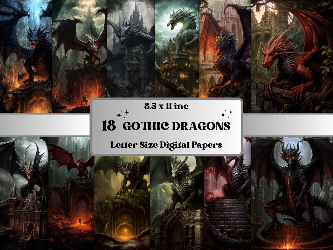 Printable Gothic Dragons Digital Paper, Dark Fantasy Dragon Digital ...