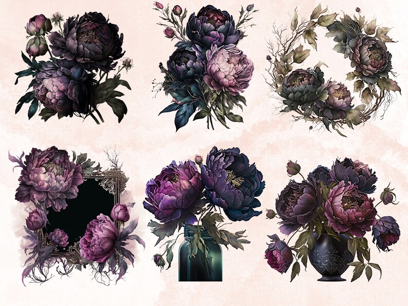 23 PNG Watercolour Gothic Peonies Clipart, Gothic Peony Clip Art Bundle ...