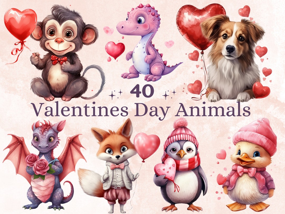 40 PNG Watercolor Valentine's Day Animals Clipart, Lovely Valentines ...