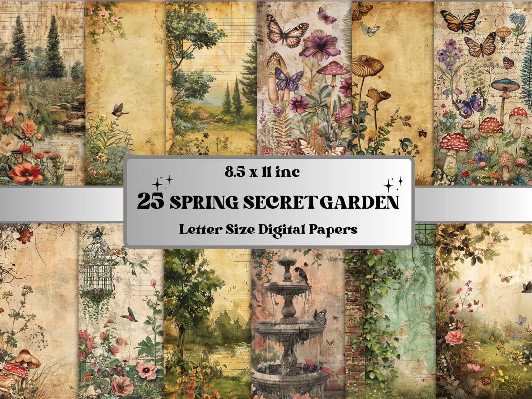 Printable Spring Secret Garden Digital Paper, Floral Garden Collage ...