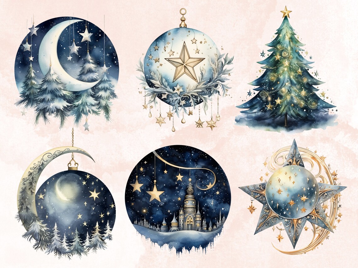 50 PNG Watercolour Celestial Christmas Clipart, Fantasy Christmas Sky ...