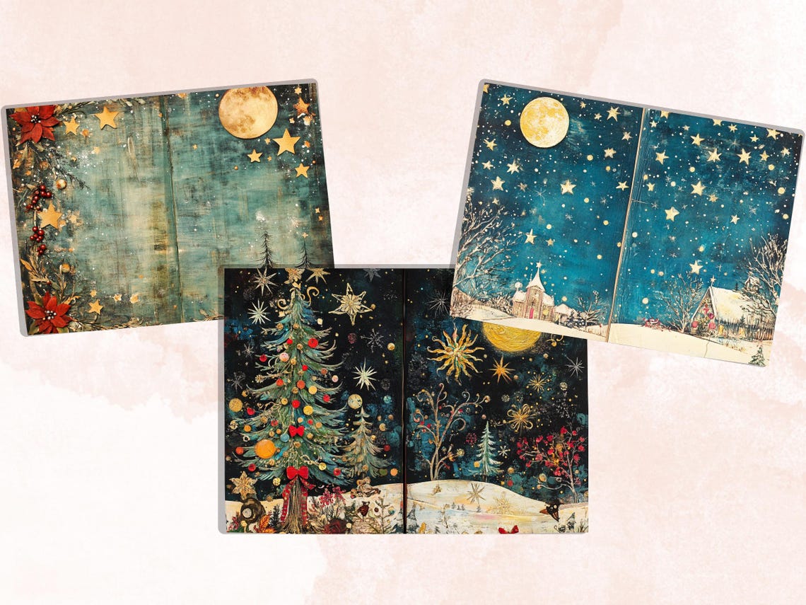 Celestial Christmas Junk Journal Kit, Starry Holly Noel Pages Ephemera ...