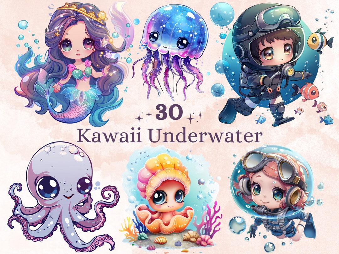 30 PNG Watercolor Kawaii Under the Sea Clipart, Cute Ocean Nursery Clip ...