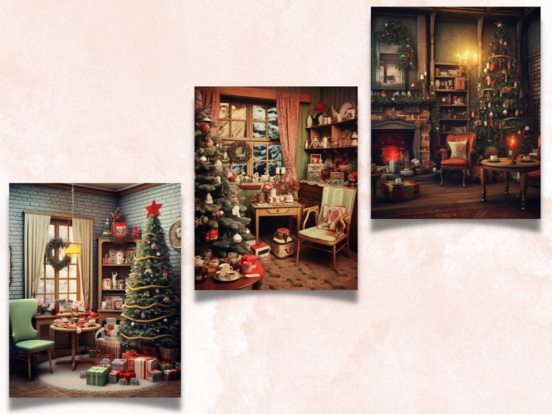 Printable Vintage Christmas Interior Digital Paper, Christmas Holiday ...