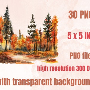 30 PNG Watercolor Autumn Landscape Clipart, Fall Forest Scenes ...