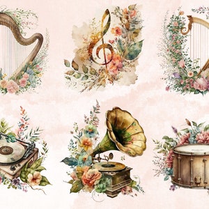 33 PNG Watercolor Floral Music Clipart, Musical Instruments PNG Clip ...