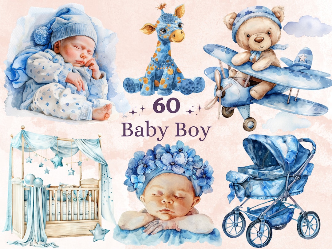 60 PNG Watercolor Baby Boy Newborn Clipart, Baby Shower for a Boy ...