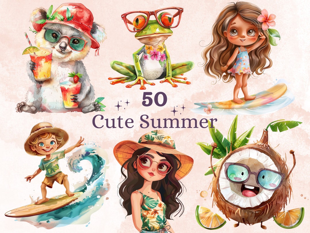 50 PNG Watercolor Cute Summer Clipart, Tropical Summer Animals ...