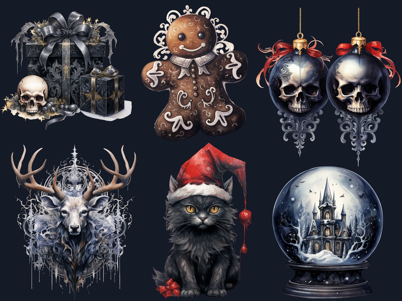 42 PNG Watercolour Gothic Creepy Christmas Bundle Clipart, Spooky Dark ...