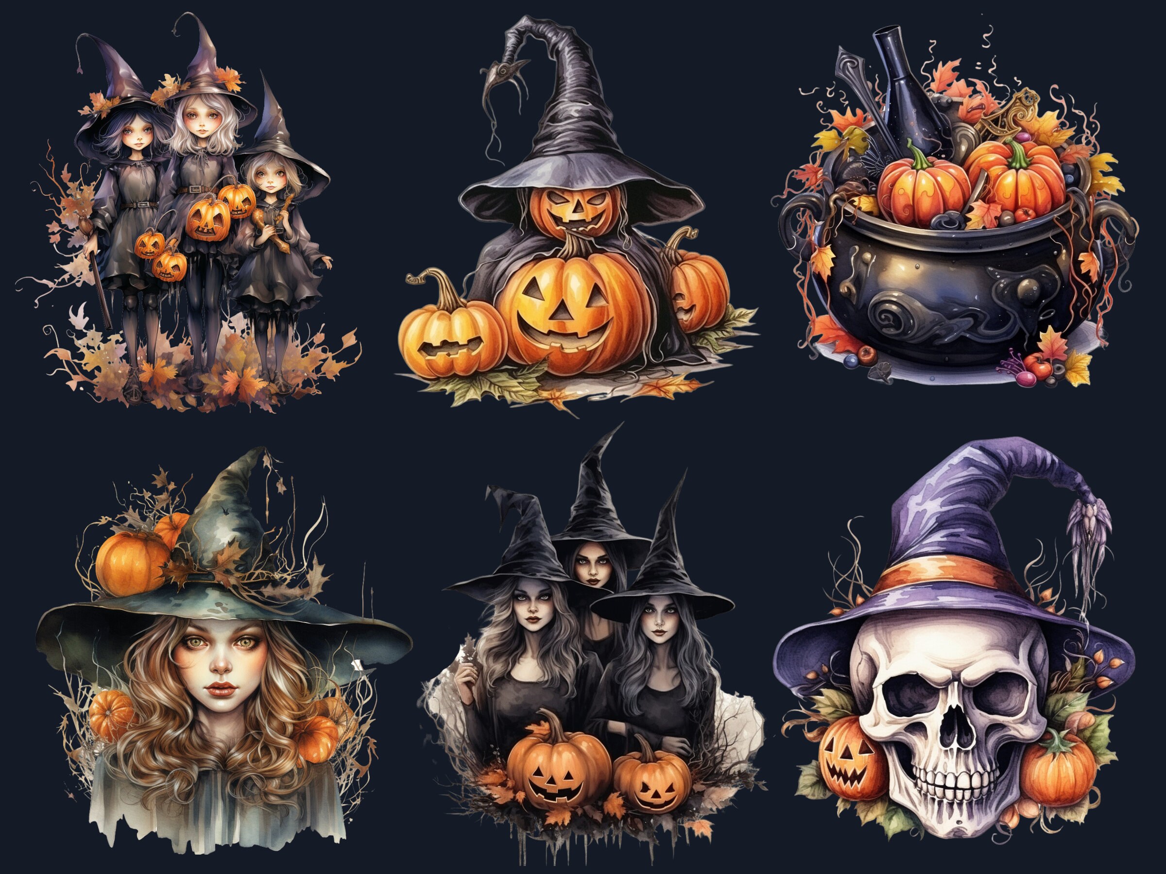 45 PNG Watercolour Halloween Witch Clipart, Pumpkin Witch Sisters ...