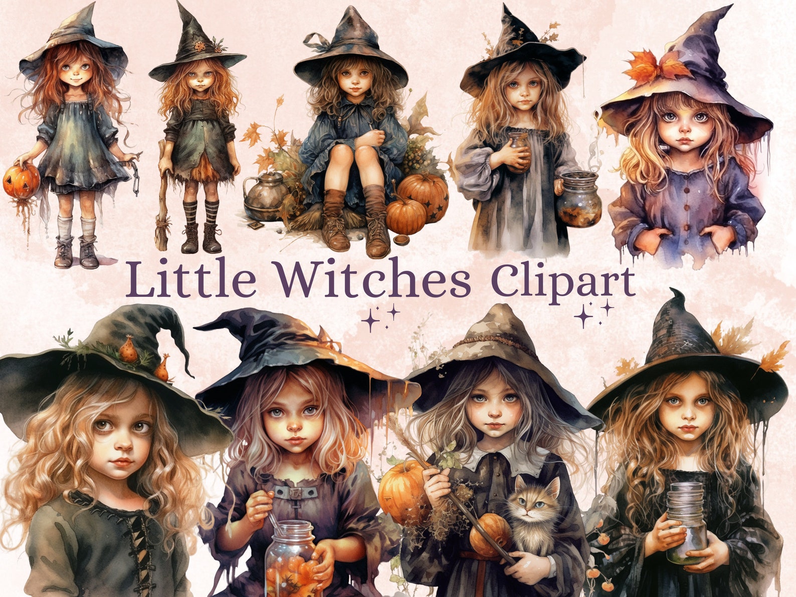 25 PNG Watercolor Cute Little Witches Clipart, Witchcraft Clip Art ...