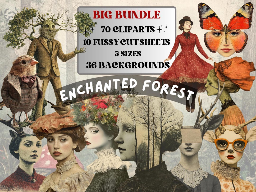 Enchanted Forest Collage Elements, Whimsical Surreal Woodland Fussy Cut ...