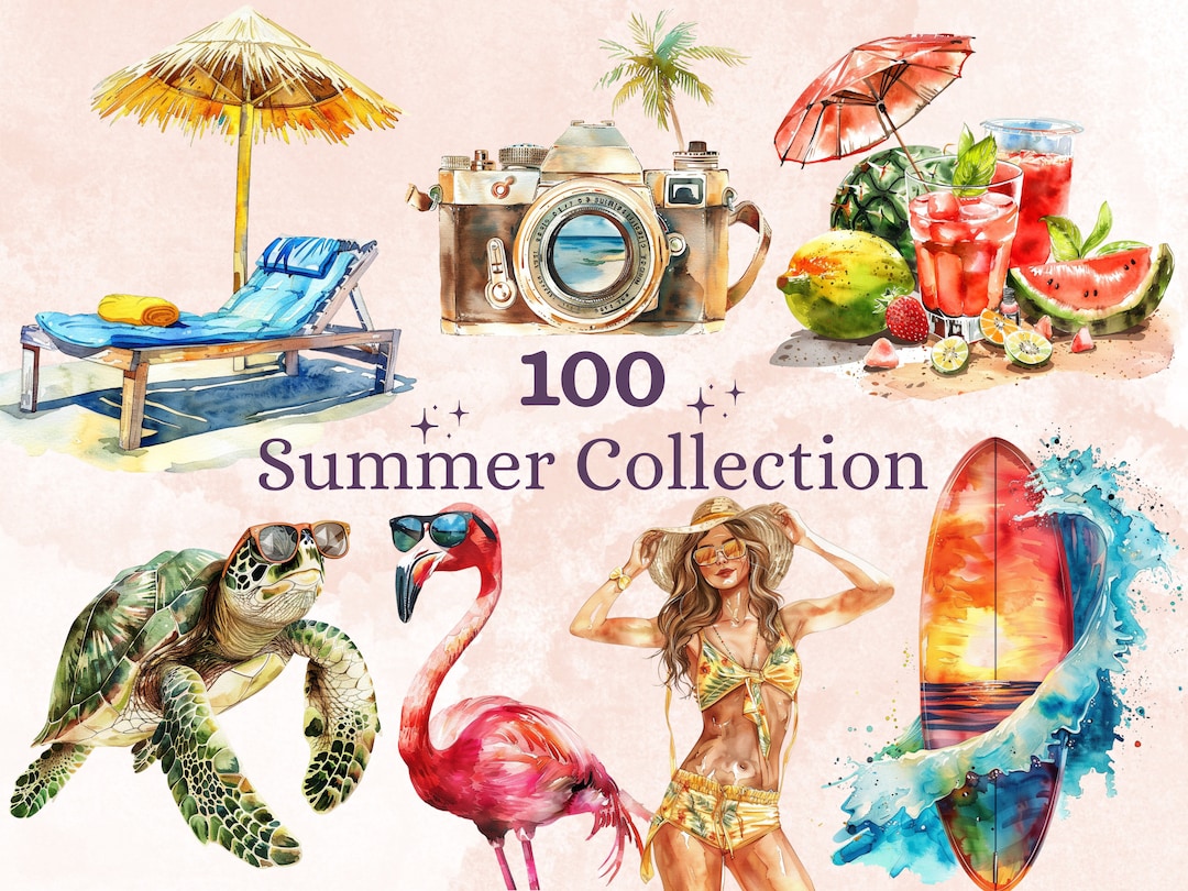 100 PNG Watercolor Summer Collection Clipart, Tropical Summer Holiday ...