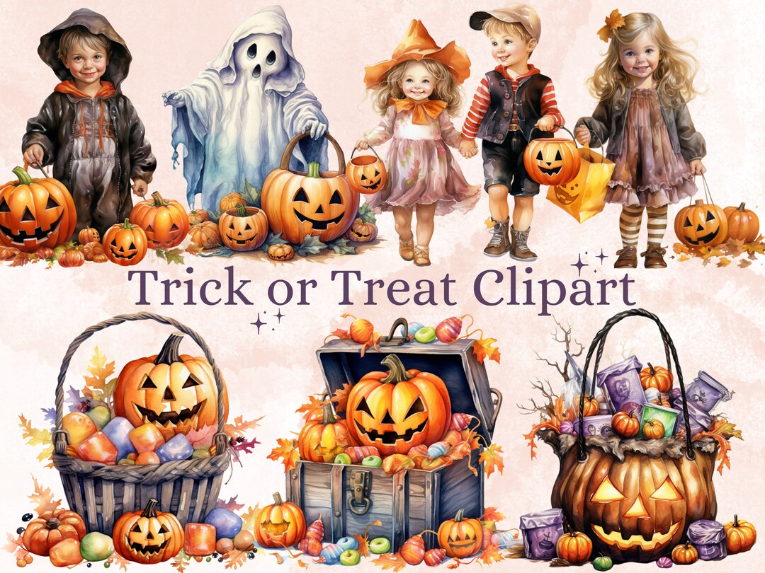 45 PNG Watercolor Trick or Treat Clipart, Vintage Halloween Kids ...