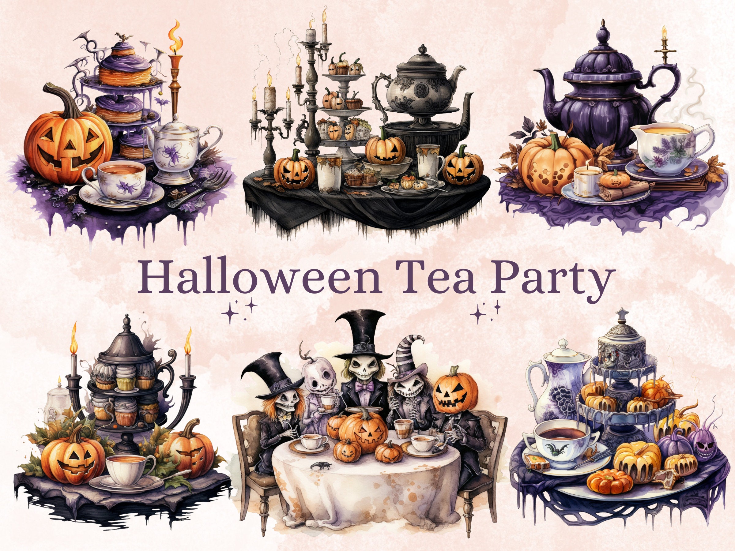 40 PNG Watercolour Halloween Tea Party Clipart, Pumpkin Tea Time ...