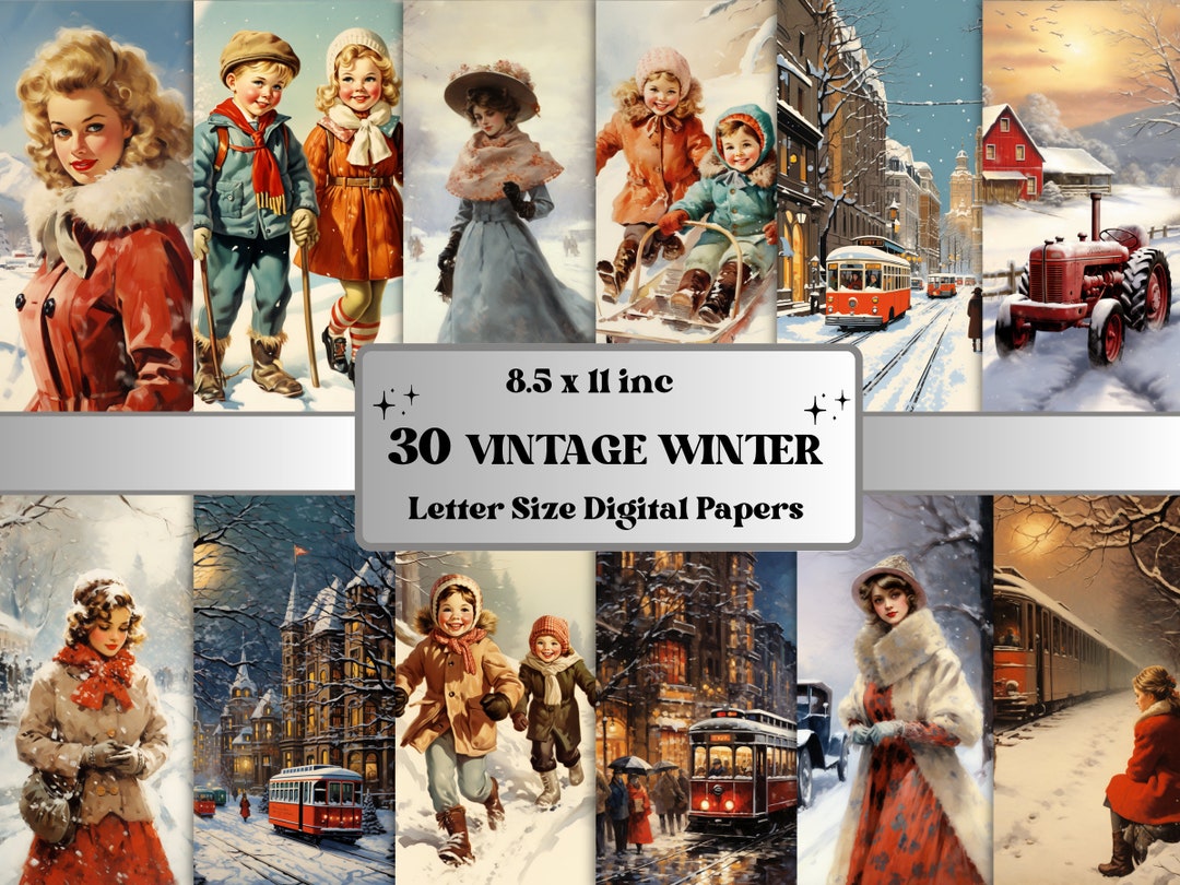 Printable Vintage Winter Digital Paper, Retro Winter Scenes Background ...