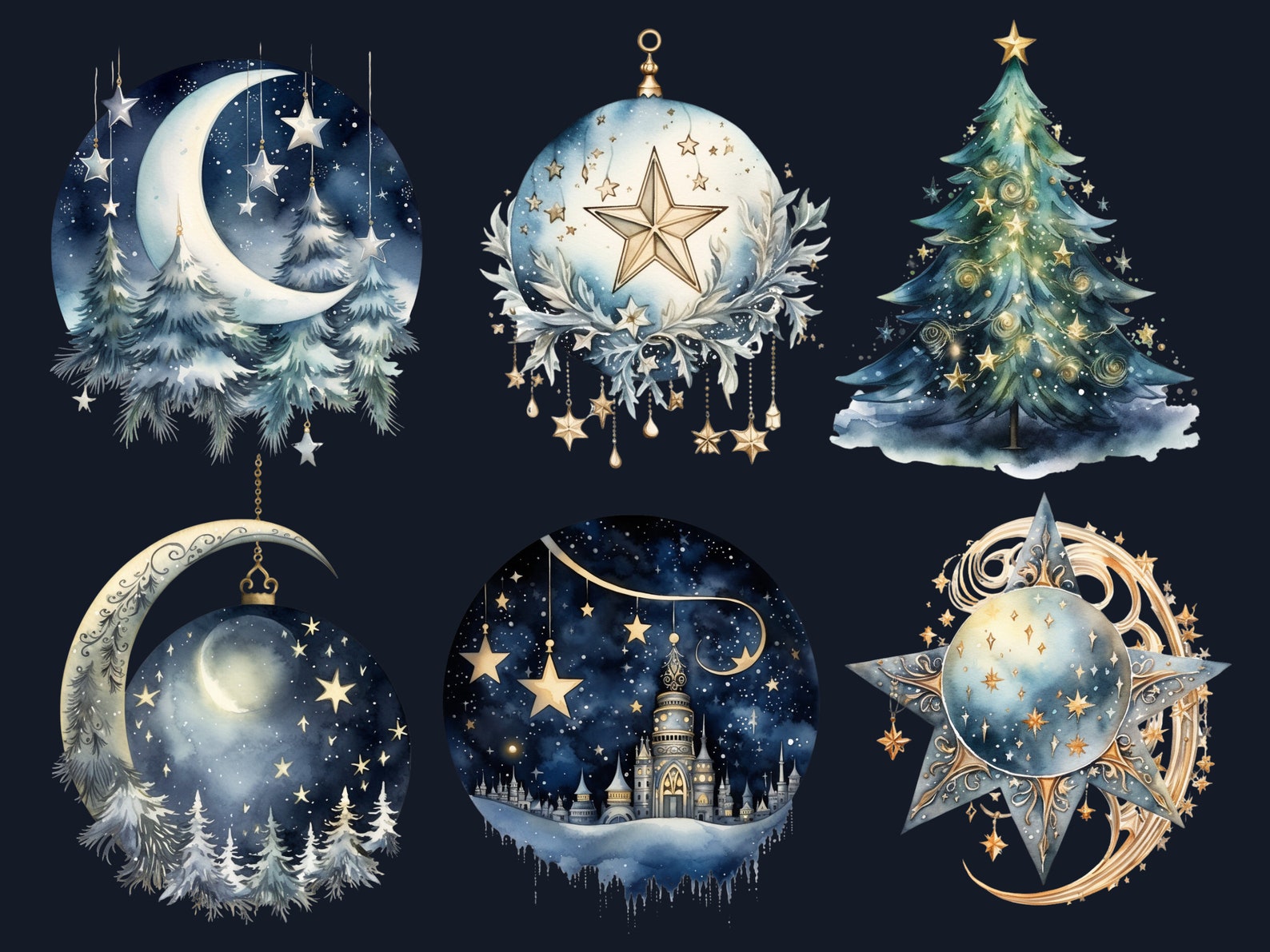 50 PNG Watercolour Celestial Christmas Clipart, Fantasy Christmas Sky ...