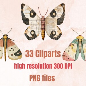 Whimsical Moths Mixed Media Clipart, Whimsy Butterfly Fussy Cut Collage ...