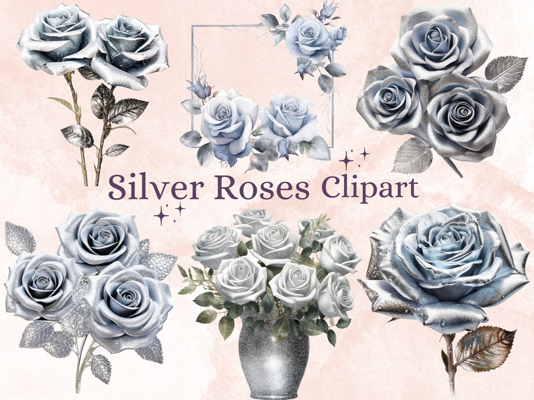 23 PNG Watercolor Silver Roses Clipart Bundle, Silver Colored Floral ...