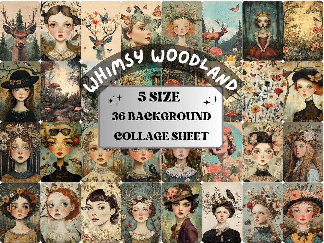Whimsy Woodland Collage Paper Kit, Surreal Background, Mixed Media ...