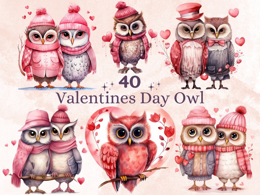 40 PNG Watercolor Valentine's Day Owls Clipart, Lovely Valentines Day ...