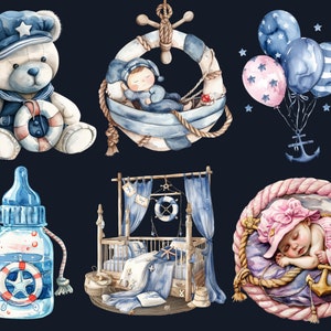 80 PNG Watercolor Nautical Nursery Clipart, Little Sailor Baby Shower ...