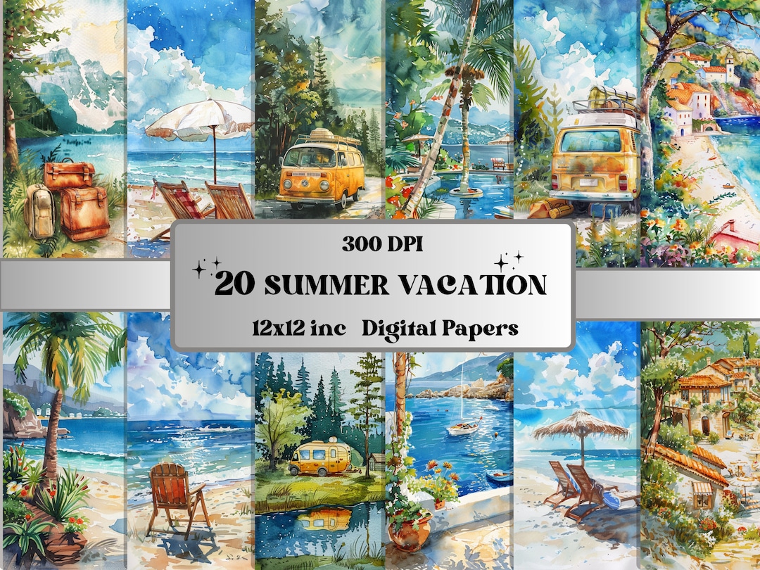 Watercolor Summer Travel Scenes Digital Paper, Printable Summer Beach ...