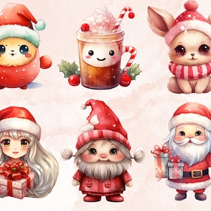 45 PNG Watercolour Kawaii Christmas Bundle Clipart, Cute Christmas ...