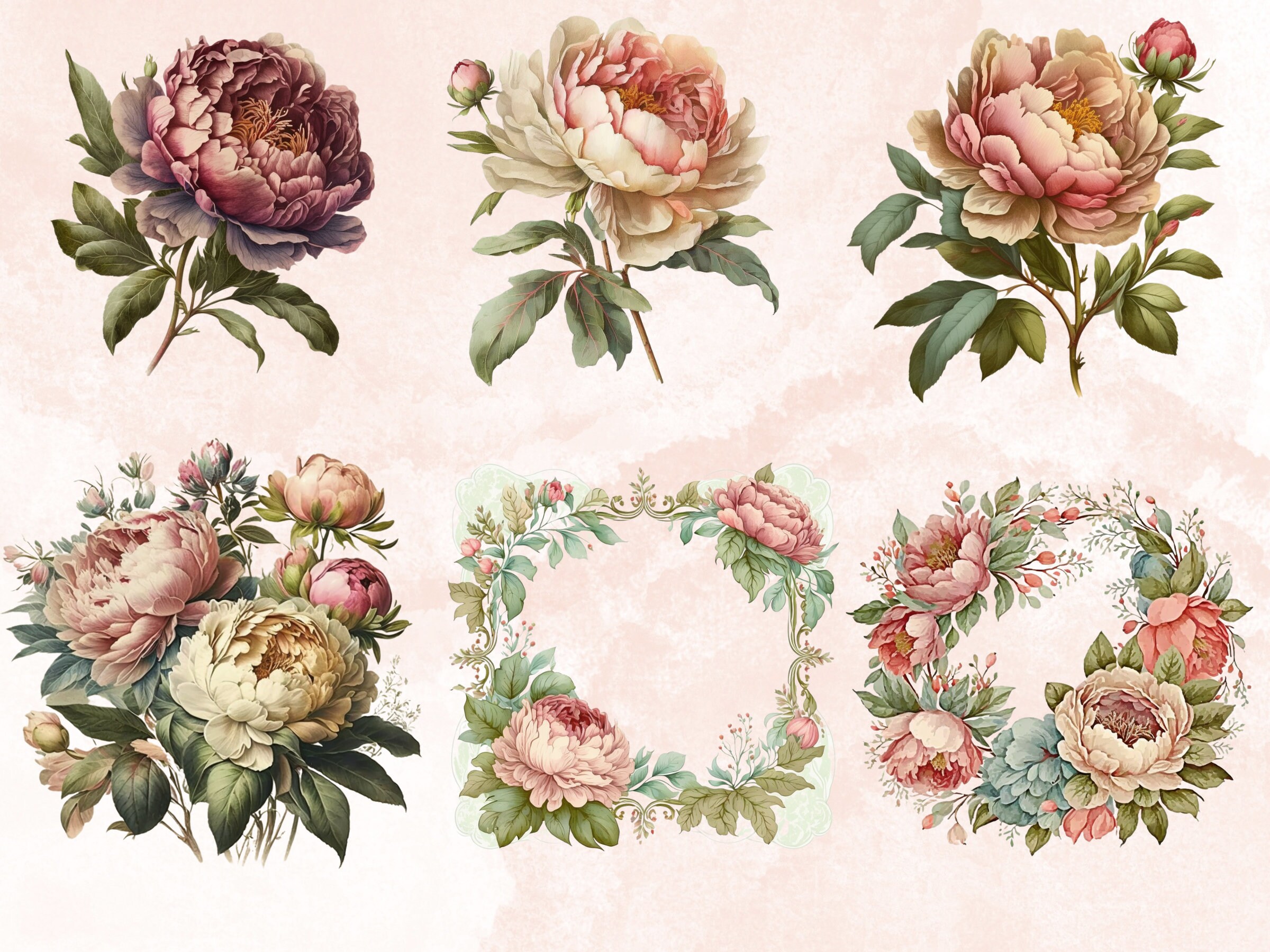 20 PNG Watercolour Vintage Peonies Clipart, Retro Peony Clip Art ...