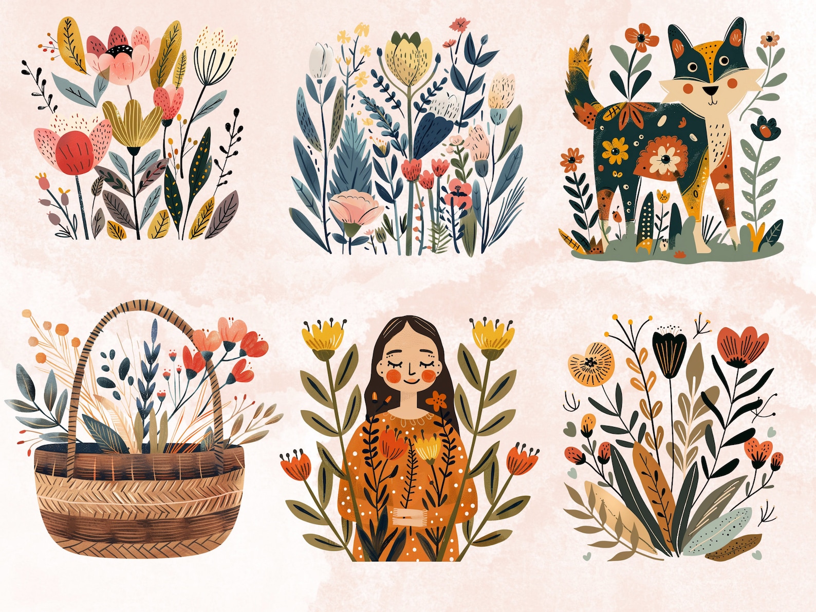 60 PNG Watercolor Spring Folk Art Clipart, Scandinavian Spring Animal ...