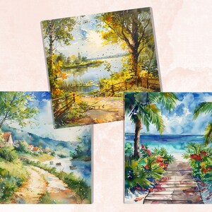 Watercolor Summer Scenes Digital Paper, Printable Tropical Summer Beach ...