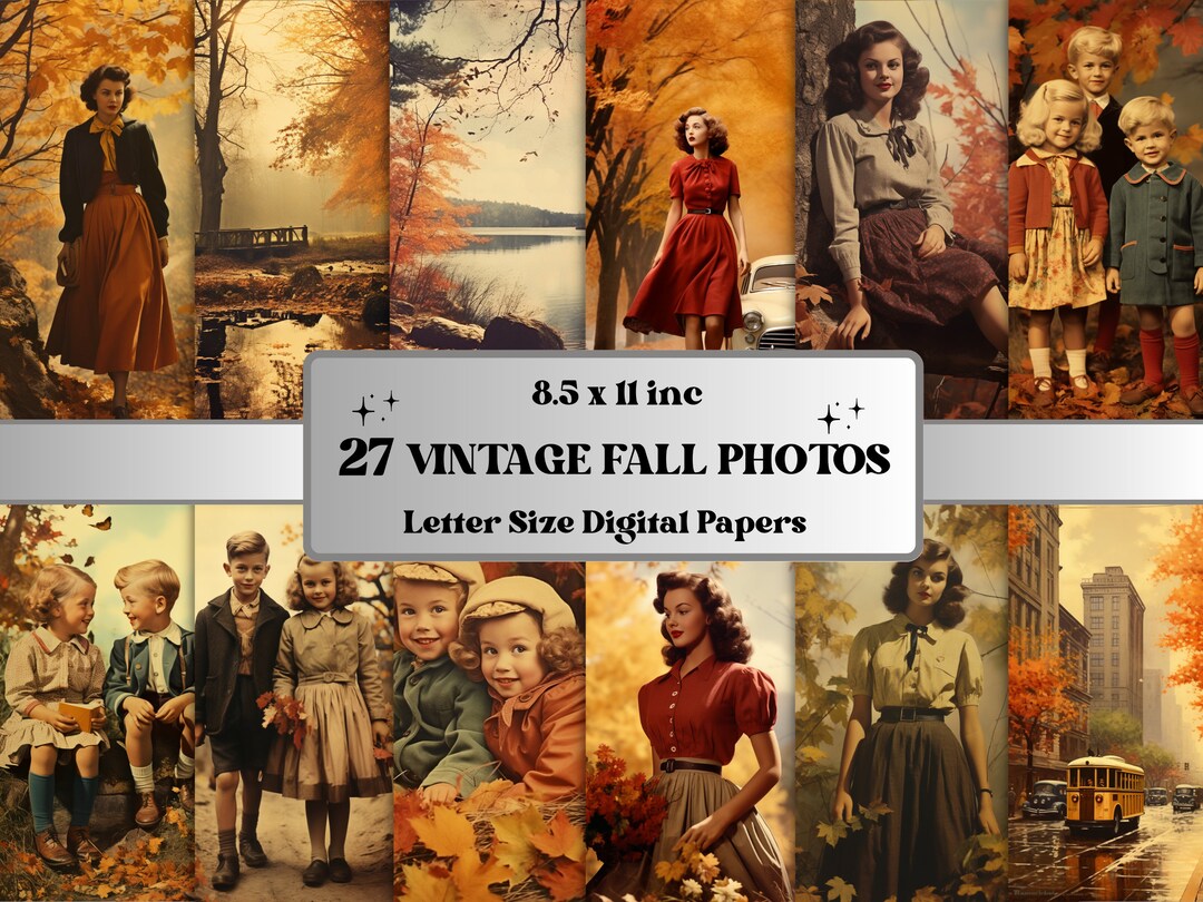 Printable Vintage Fall Photos Digital Paper, Retro Autumn Old Pictures ...