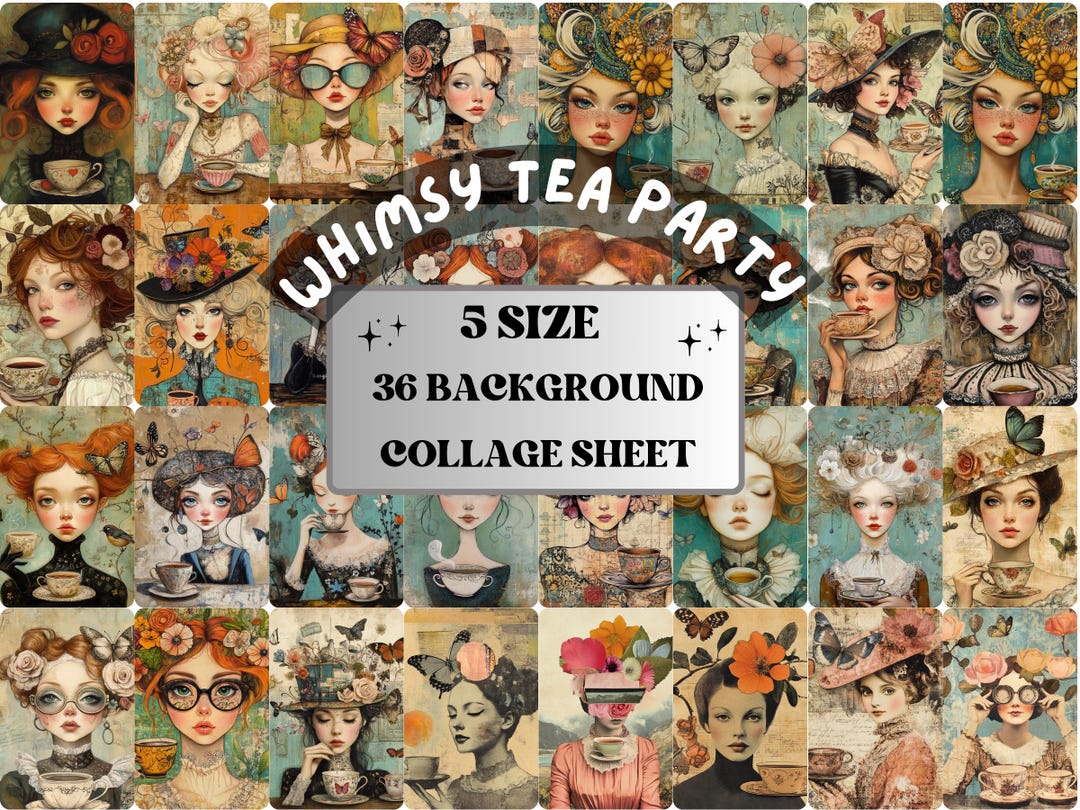 Whimsy Tea Party Collage Paper, Surreal Tea Time Mixed Media Art Sheet ...