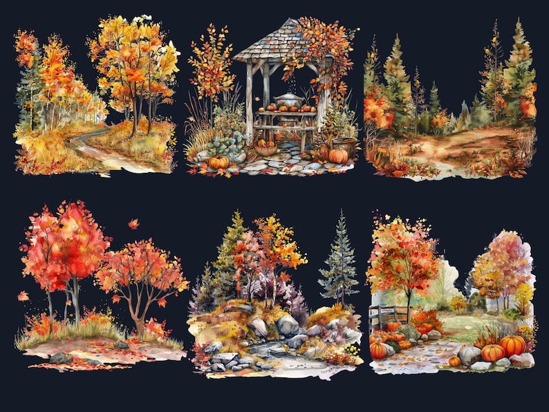 30 PNG Watercolor Autumn Landscape Clipart, Fall Forest Scenes ...