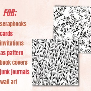 Seamless Watercolour Black and White Leaves Digital Paper, Minimalist ...
