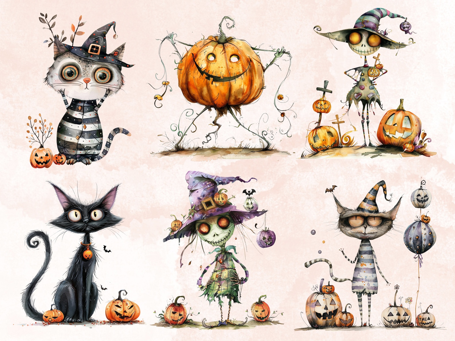 50 PNG Watercolor Quirky Halloween Bundle Clipart, Whimsical Halloween ...