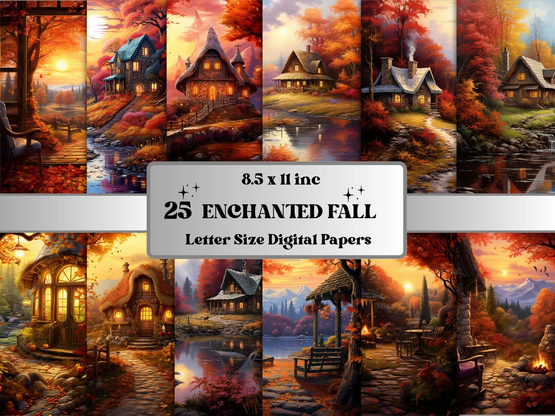 Printable Enchanted Fall Scenes Digital Paper, Cozy Autumn Background ...